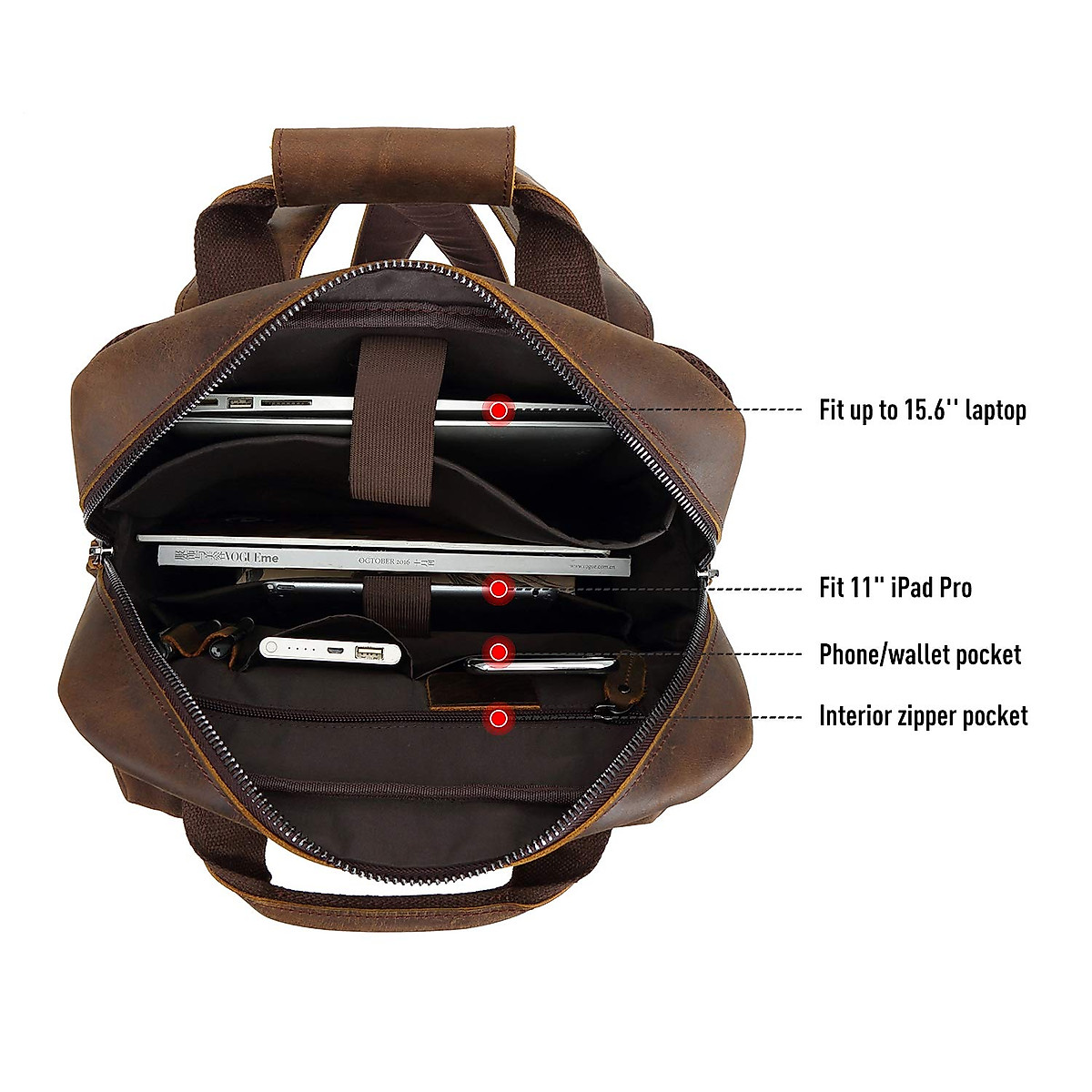 Polare Cowhide Leather Multiple Laptop Backpack Day Pack School Bag Travel Bag Satchel For Men