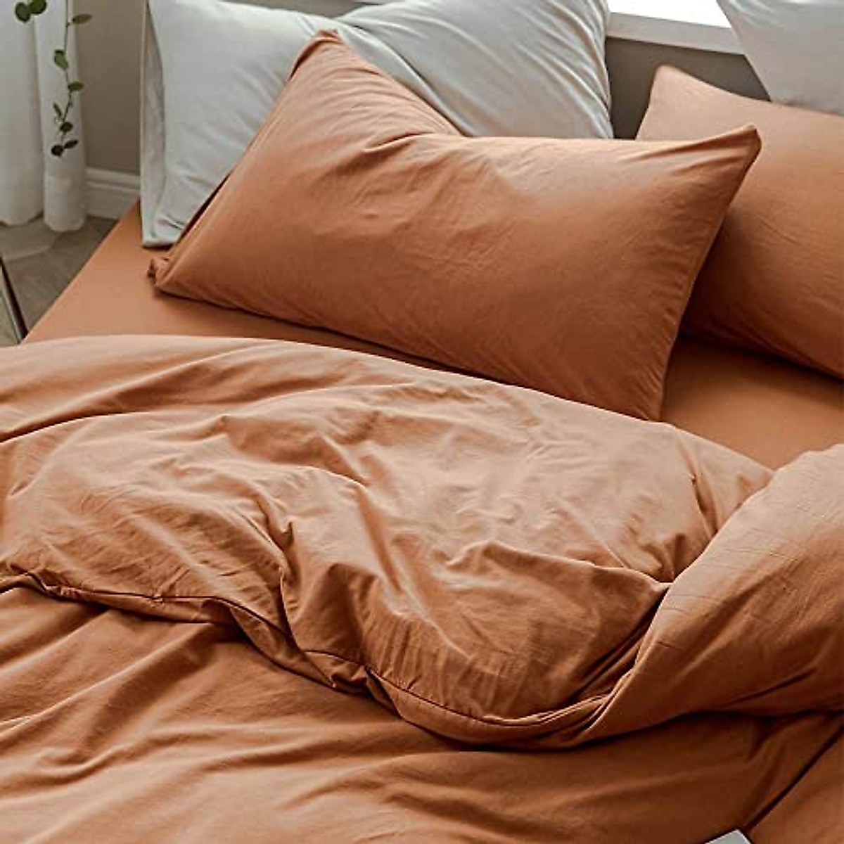 AMWAN Jersey Knit Cotton Duvet Cover Set Solid Pumpkin Color, Luxury Soft Comforter Cover Queen Size 3 Piece Bedding Set 1 Duvet Cover 2 Pillowcases Full Set