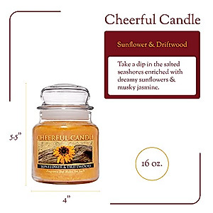 A Cheerful Giver - Sunflower & Driftwood - 16oz Medium Scented Candle Jar with Lid - Cheerful Candle - 80 Hours, Candles Gifts for Women, Yellow