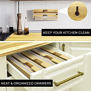 C&K Goods Tidy Home 2-in-1 Wrap Dispenser with Cutter and Labels, Plastic Dispenser for Kitchen Drawer, Aluminum Foil, Wax Paper, Parchment Paper, Bamboo Organizer Holder, Holds 12" Rolls, 2-Slots