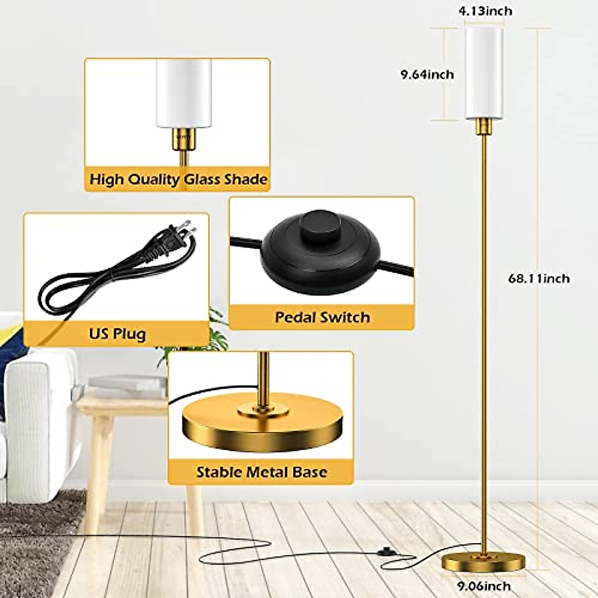 VEYFIY Floor Lamp Set of 2, Lamps for Bedroom and Living Room, Modern Standing Light with Glass Lampshade, Industrial Tall Lamp with E26 Socket, Light for Work, Reading, Black (Bulb Not Included)