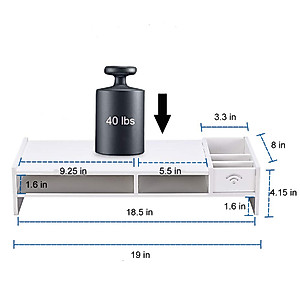 Monitor Stand Riser, Computer Laptop Riser Shelf with Organizer Drawer (White, 19"L x 8"W x 4"H)