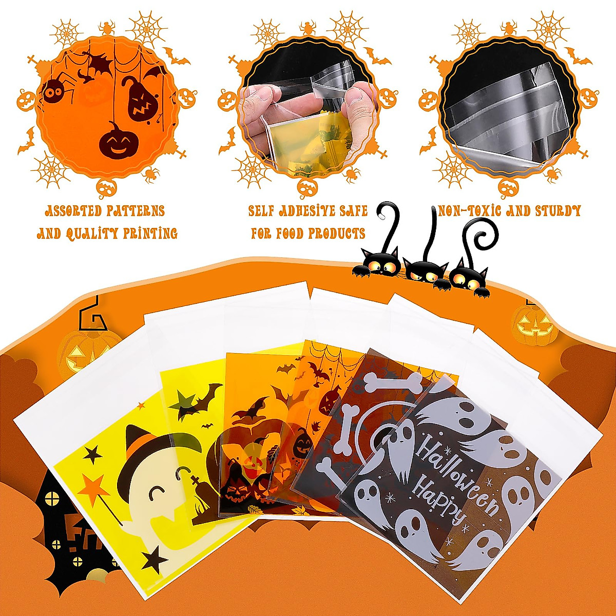 300 Pcs Halloween Treat Bags, 6 Cute Style Candy Bags Clear Trick or Treat bags Self Adhesive Plastic Bags Bulk for Halloween Party Favor Supplies Gift (A)