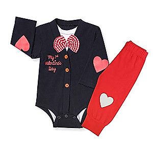 My First Valentines Day Baby Boy Outfit Long Sleeve Rompers Heart Printed Pants 3PC Set 3-6 Months Navy Blue