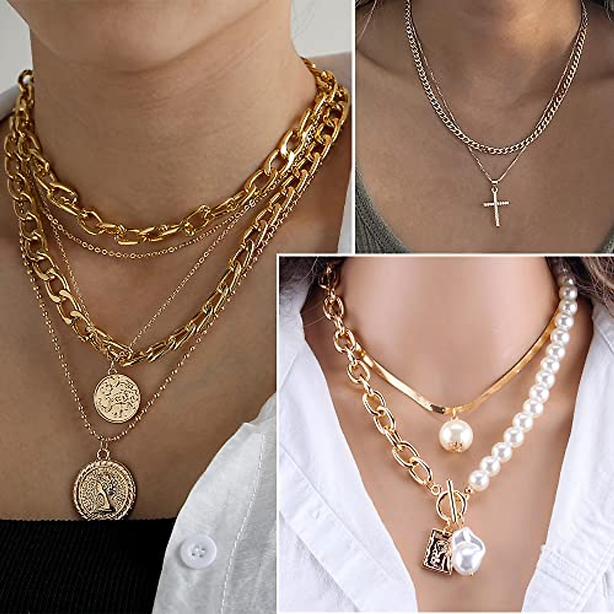 KISS WIFE Gold Jewelry Set for Women Girls, Multi Layered Necklace Bracelet Stackable Knuckle Rings and Earrings Set, Boho Trendy Vacation Jewelry Packs, Anniversary Valentine Birthday Gifts for Her