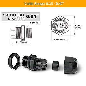 MGI SpeedWare 1/2" NPT Strain Relief Nylon Cord Grip Cable Glands, Black Plastic Grommet 20-Pack