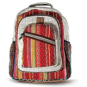 Ojas Yatra Red Hemp Backpack Large - Pure Himalayan Hemp Bag - Multi Pocket Handmade Backpacks for Men & Women - Bohemian Laptop Bag for Travel & Festivals