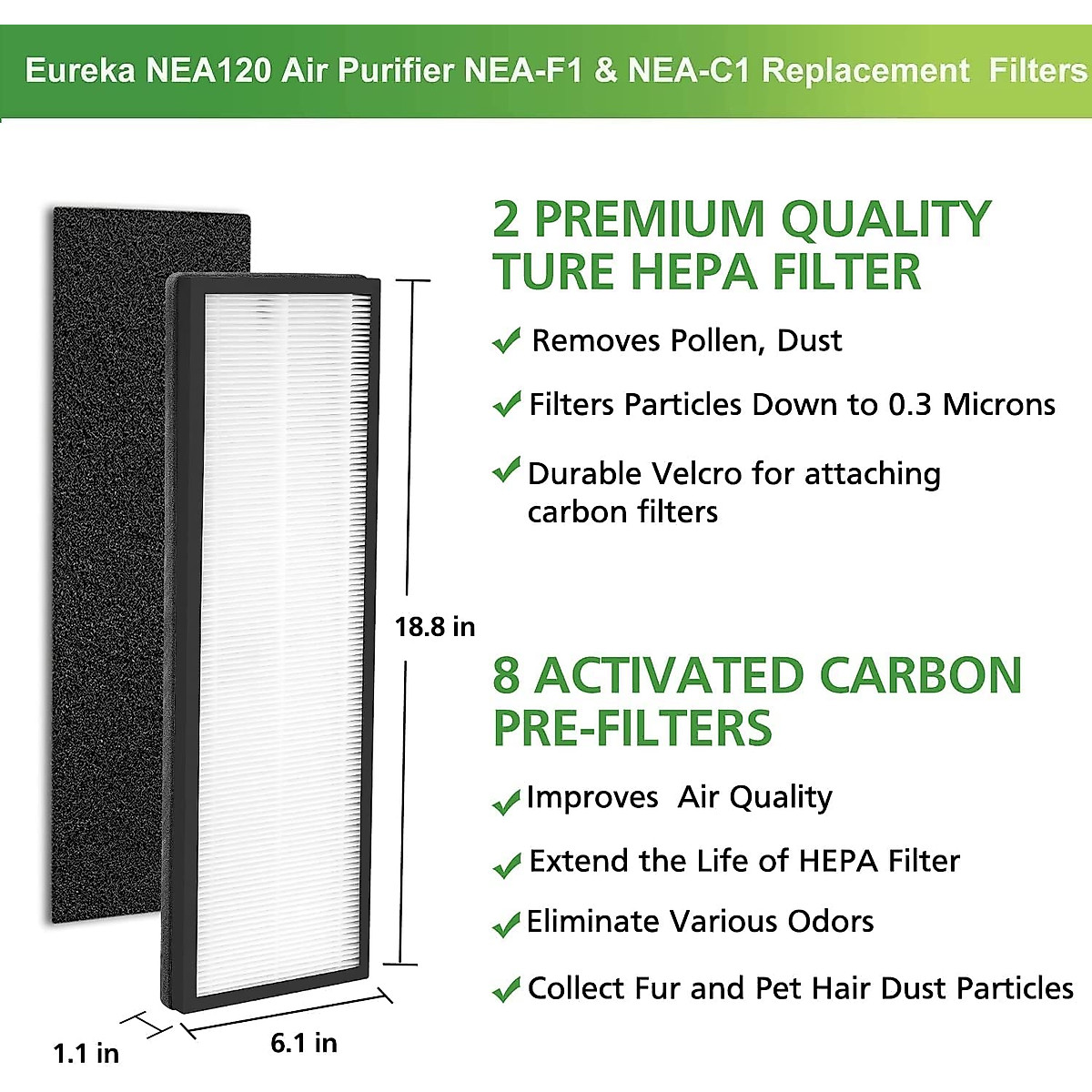 NEA-F1 H13 True HEPA Replacement Filter for Eureka NEA120 and Toshiba Smart WiFi Air Purifier，2 Pack NEA-F1 H13 True HEPA Filter and 8 Pack NEA-C1 Activated Carbon Replacement Filter