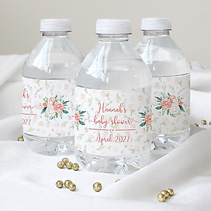 Personalized Pink Floral Baby Shower Water Bottle Labels - 24 Stickers