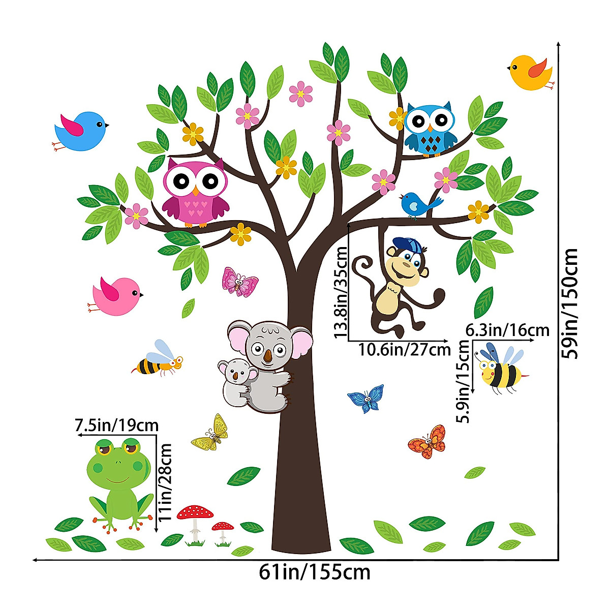 Amaonm Giant Tree With Cartoon Animals Monkey Owls Wall Sticker Removable 3D DIY Green Leaves Wall Decal Nursery Peel and Stick art Decor for Kids Baby Bedroom Home Living Room Classroom Decoration