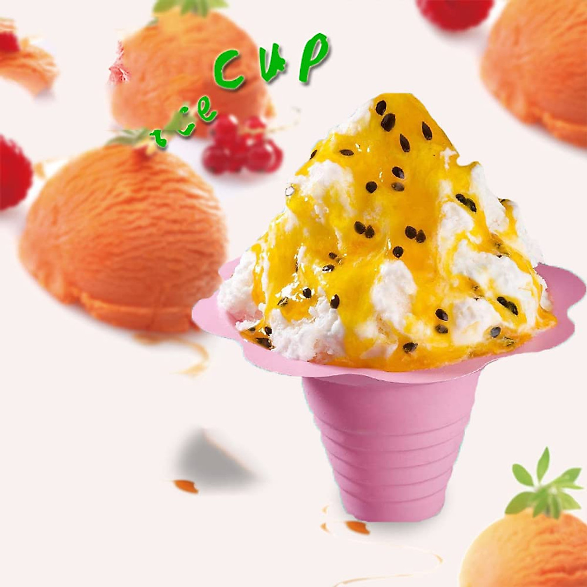 Qixivcom 60 Pack Disposable Ice Cream Cup 4oz Cone Cup Pink Flower Shaved Smoothie Ice Bowl Flower Drip Cup Small Bowl Perfect for Cold Drink Cups for Ice Cream, Shaved Ice, Fruit Smoothie
