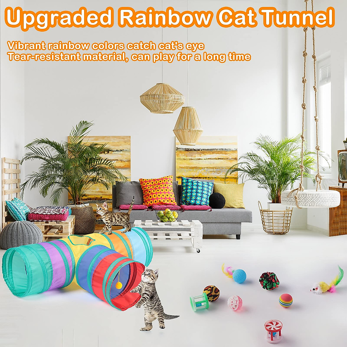 Wettarn 22 Pieces Cat Toys Set, with 2 Collapsible Cat Tunnels for Indoor Cats and 20 Kitten Toys Cat Tubes and Tunnels Interactive Cat Feather Toy Mouse Crinkle Balls for Cats Puppies (Colorful)
