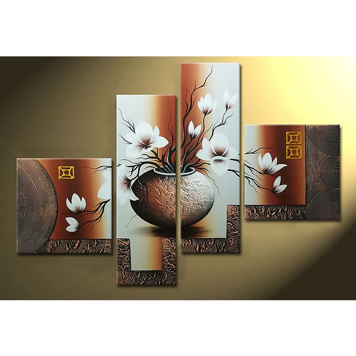 Wieco Art -Stretched and Framed 100% Hand-painted Modern Canvas Wall Art Stretched and Framed Elegant Flowers for Home Decoration Floral Oil Paintings on Canvas 4pcs/set