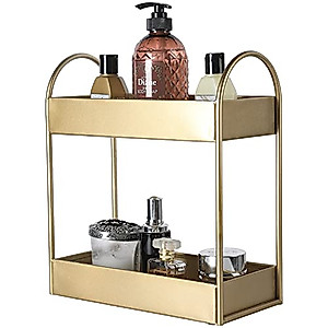 MyGift 2 Tier Gold Metal Bathroom Countertop Vanity Makeup Organizer Display Shelf with Decorative Handles, Cosmetic and Accessories Storage Rack