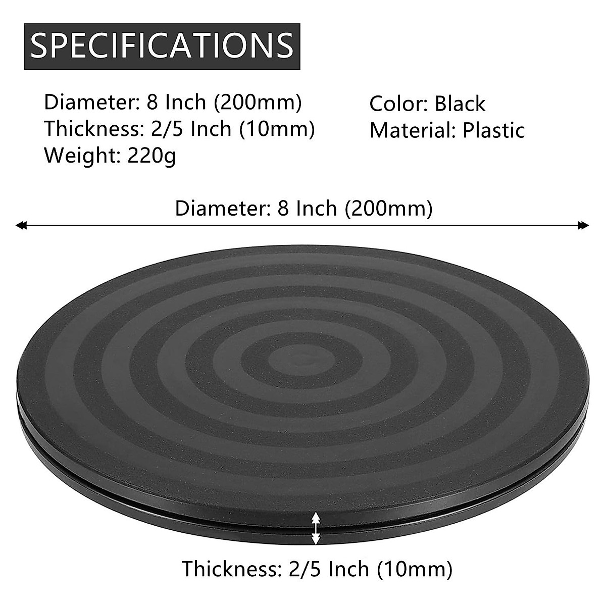 RHBLME 3 Pack Black Small Lazy Susan 8 Inch, Non Skid Heavy Duty Rotating Swivel Steel Ball Bearings, Holds up to 80 lbs, Black Plastic Turn Table Organizers - Used for Cabinets, Monitor, TV, etc