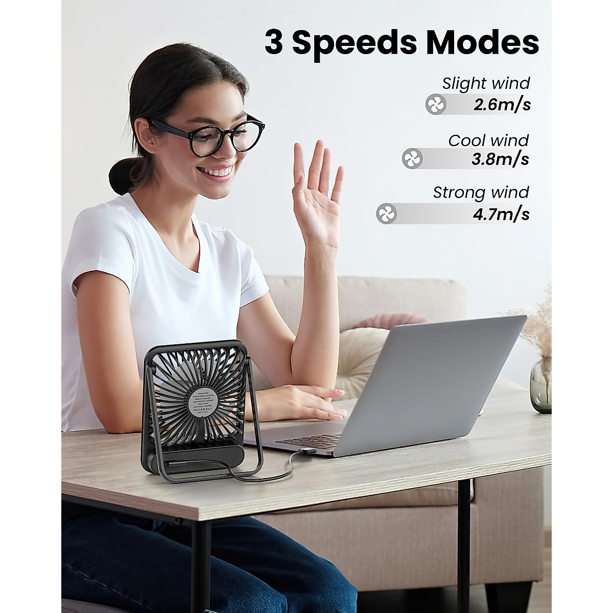 Koonie USB Desk Fan, Strong Wind Ultra Quiet Small Personal Fan with 180° Tilt Folding and 3 Speeds Adjustable, USB-C Corded Powered Mini USB Fan for Office Desktop Bedroom