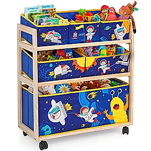Kids Toy Storage Organizer with 6 Oxford Cloth Bins and 4 Wheels,Wooden Children Storage Rack,Extra Large Capacity Bookshelf Bookcase Display Stands Shelf Multi Cabinet for Books Toys