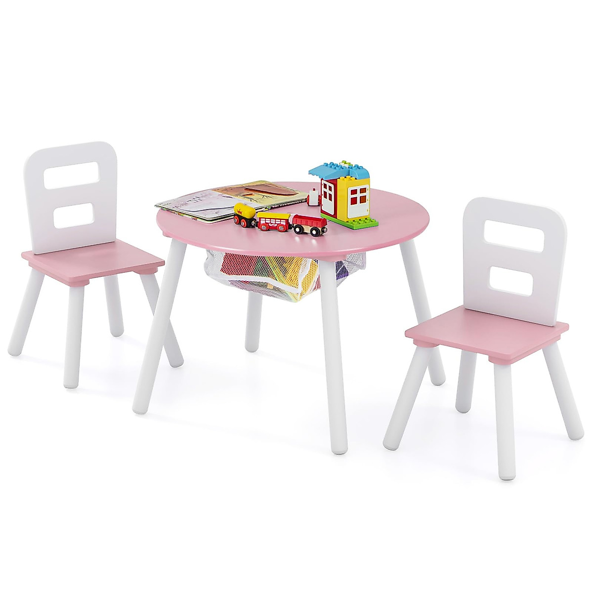 Costzon Kids Table and Chair Set, Wood Activity Table w/Center Mesh Storage, Children Furniture Gift for Boys & Girls, Ideal for Arts, Crafts, Snack Time, Homework, Toddler Table and Chair Set (Pink)