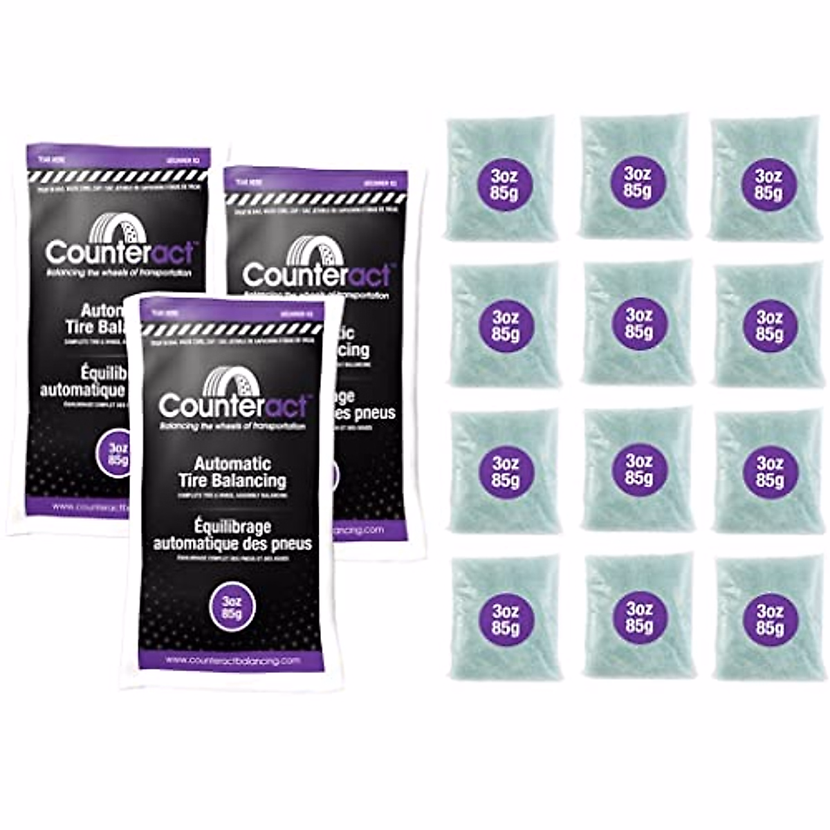 Counteract 3OZ-B12 Centrifugal Force Tire/Wheel Balancing Beads - Off-Road Vehicles, Light Duty Truck Tires, (12) 3oz Balance Bead Bags, (12) Valve Caps and Cores
