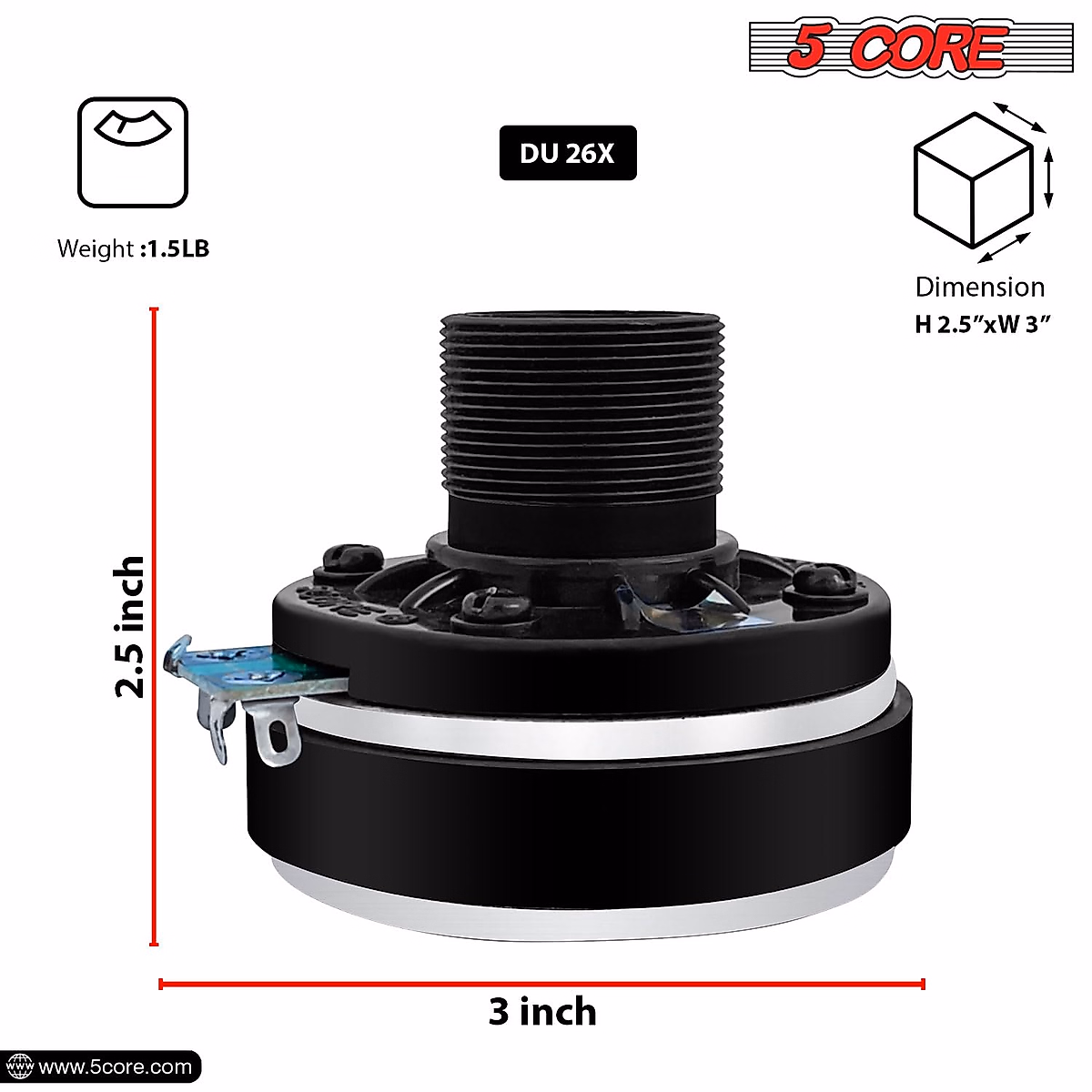 5 CORE Horn Speaker Tweeter Compression Driver Phenolic Diaphragm 1" Inch VC 8 Ohm 200W PMPO Screw On Throat Twist Tweeters High Frequency Car Pro Audio 5C-D26