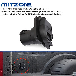 MITZONE 7-Foot 7-Pin Truck Bed Trailer Wiring Plug Harness Extension Compatible with 1995-2009 Dodge Ram 1500 2500 3500, 1995-2010 Dodge Dakota for Fifth-Wheel and gooseneck Trailers
