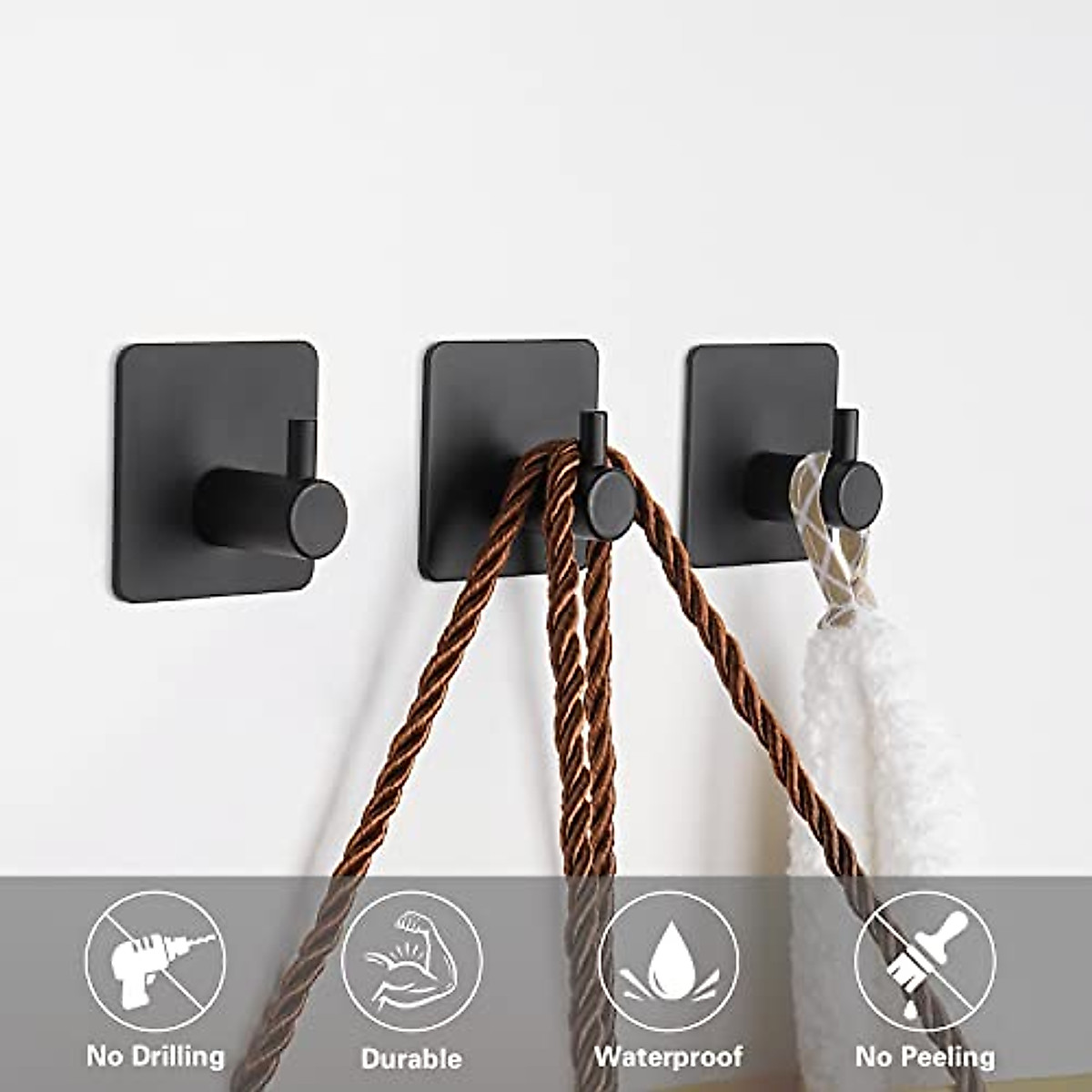 Glattever Adhesive Towel Hooks Stainless Steel Heavy Duty Towel Rack Removable Vacuum Suction Cup Wall Hooks Waterproof Clothes Towel Hook for Bathrooms Kitchen Hotel Office (Black, 4 Pack )