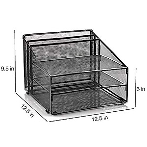 Metal Office Desk Organizer 3-Tier, Mesh Desktop Document and A4 File Holder with 3 Flat Trays and 2 Upright Compartments, Steel Mail Organizer for Desk Top Accessories, Stationery, Paper, Black