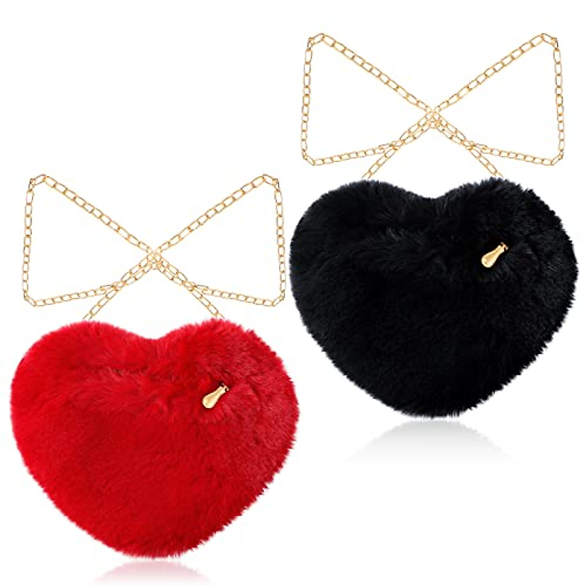 Saintrygo 2 Pcs Heart Purse for Women Girls Heart Fluffy Purses Fur Shoulder Bag Crossbody Purses with Gold Chain (Red and Black)