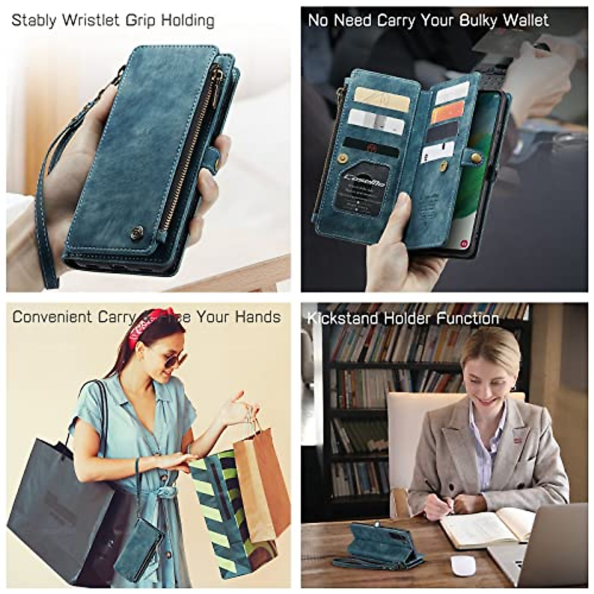 Defencase Samsung Galaxy S21 FE Case, Galaxy S21 FE 5G Case Wallet for Women Men, Durable PU Leather Magnetic Flip Lanyard Strap Wristlet Zipper Card Holder Wallet Case for Samsung S21 FE, Blue-Green