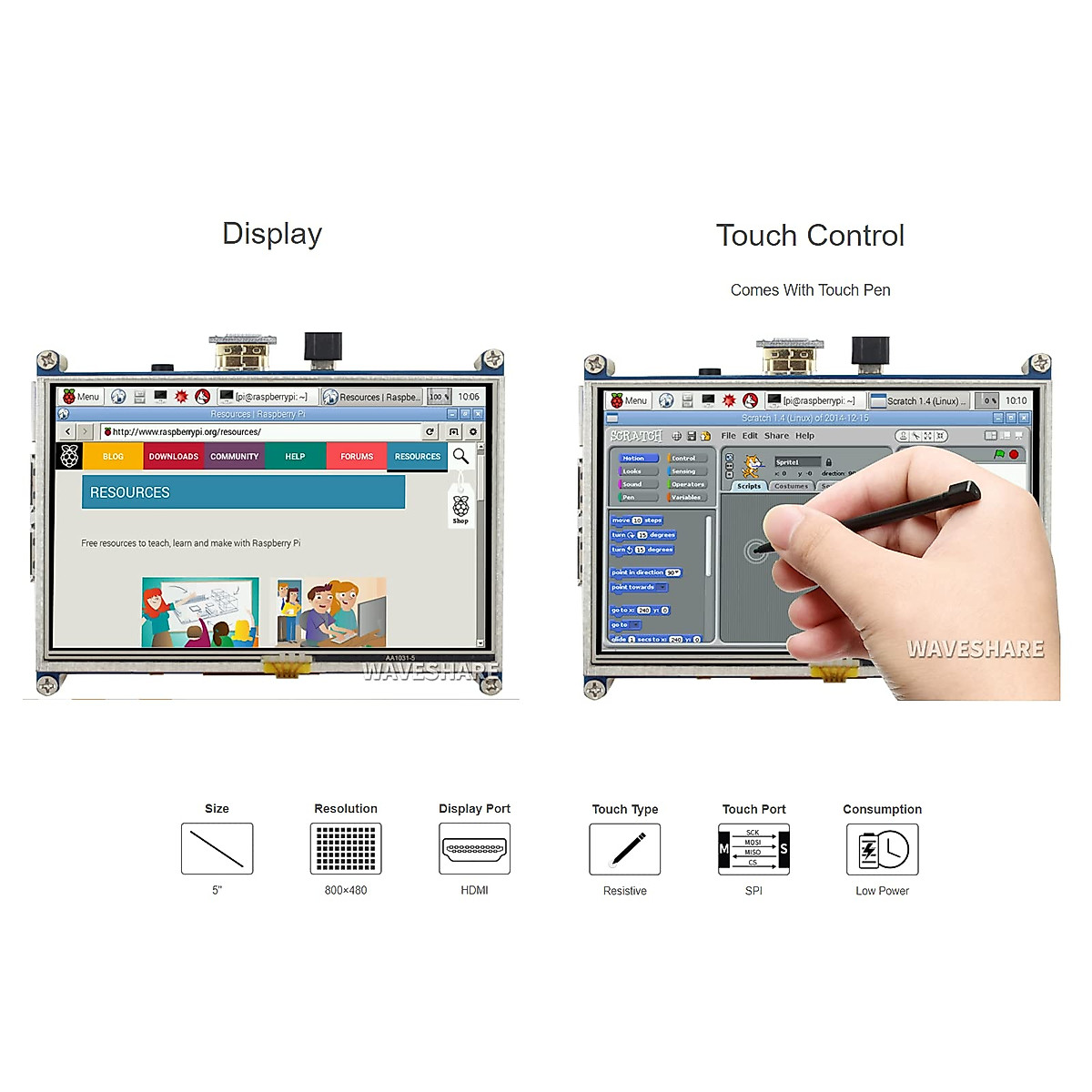 waveshare for Raspberry Pi 5 inch Resistive TFT Touch Screen 800x480 TFT LCD Display Touchscreen HDMI Module Kit Direct-Connect with Raspberry Pi 3 Model B B+, 2 Model B, 1 Model A A+
