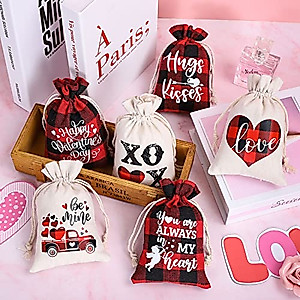 Whaline 24 Pack Valentine's Day Burlap Gift Bags 6 Designs Red Black Buffalo Plaid Drawstring Bags Rustic Style Linen Pouches Sacks for Wedding Bridal Shower Party Favors Supplies, 4 x 6 Inch