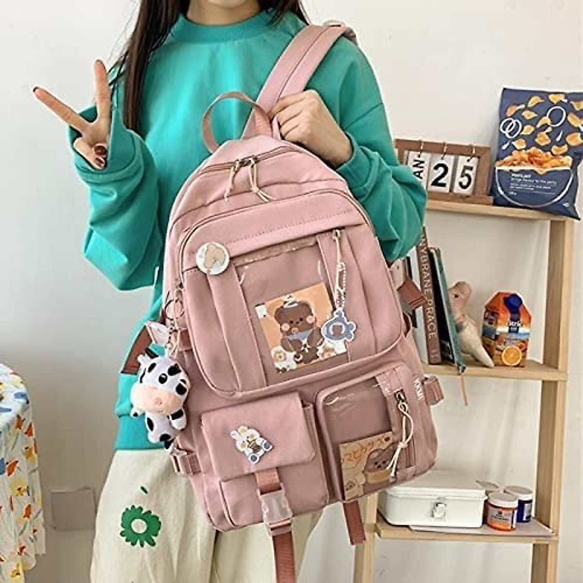 SHIDAI Kawaii Girl Backpack Cute Backpack Cute Aesthetic Backpack for School (Pink,ONE SIZE) (DRF-1287)