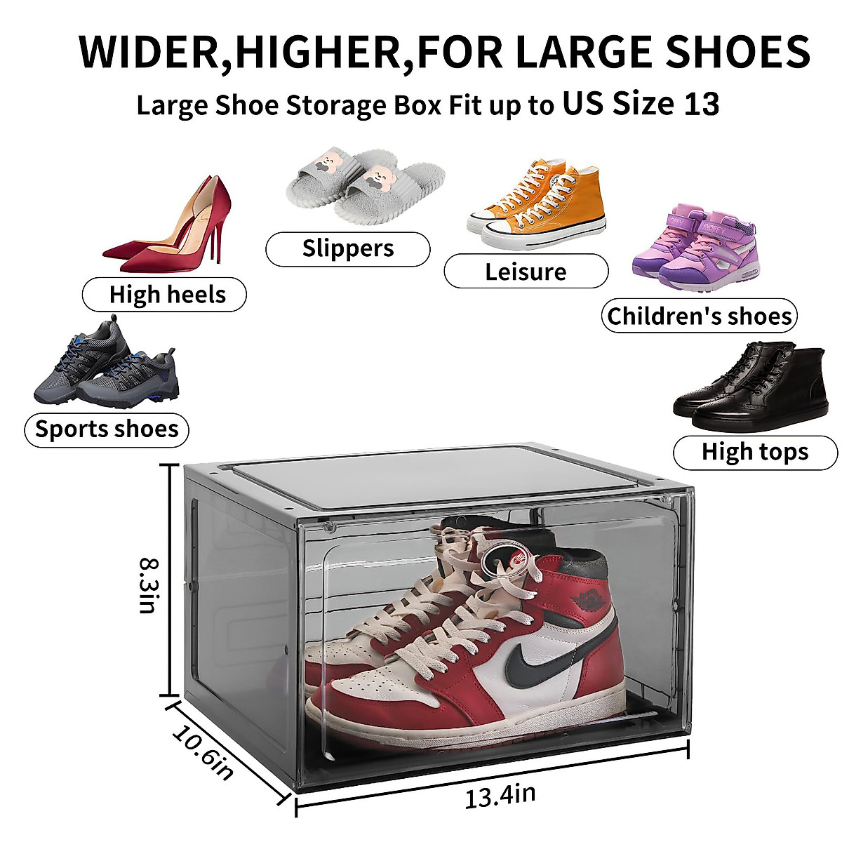 Large Shoe Boxes Clear Plastic Stackable, 8 Pack Drop Side Shoe Storage Organizer with Magnetic Door, Foldable Space-Saving Shoe Container Sneaker Storage Display Fit up to US Size 13 for Men/Women