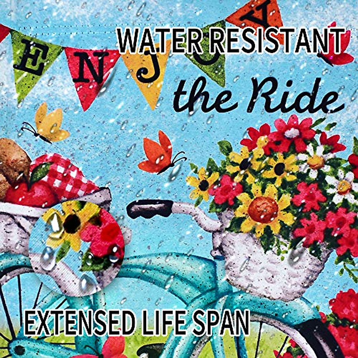 LAYOER Garden Flag 12.5 x 18 Inch Blue Bicycle Bunting Flower Basket Spring Summer Double sided Outdoor Courtyard Farmhouse small Decoration