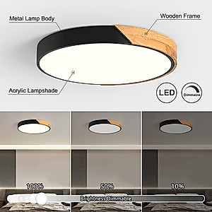 Vikaey Modern Dimmable LED Ceiling Light, Minimalist Wood Style 5CCT 2700K-6000K Flush Mount Ceiling Light Fixture, Round Lighting Lamp for Bedroom Living Room Dining Room Laundry, Black, 15.8"