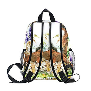 OREZI Cute toddler Backpack for Boy Girl,Floral Horse and Kitten Kid's Schoolbag Preschool Bag Travel Bacpack with Chest Clip