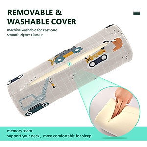 xigua Cute Truck Excavator Neck Roll Pillow for Neck Relief with Removable Washable Cover - Memory Foam Round Cylinder Bolster, Ergonomically Designed for Head, Neck, Back, and Legs