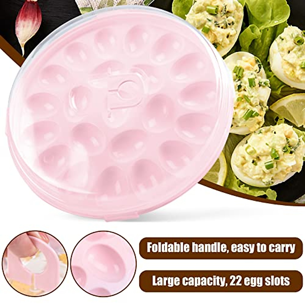 HANSGO Deviled Egg Platter, Pink Deviled Egg Containers with Lid Plastic Deviled Egg Keeper Platter Carrier for Holiday Season Table Party, 22 Egg Slots
