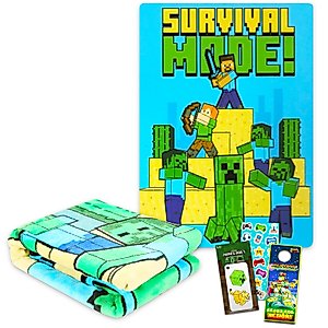 Minecraft Throw Blanket for Boys - Minecraft Plush Throw Blanket Bundle Includes 40" x 50" Minecraft Fluffy Blanket Throw Plus Minecraft Phone Decal, Door Hanger, More | Minecraft Blankets for Boys