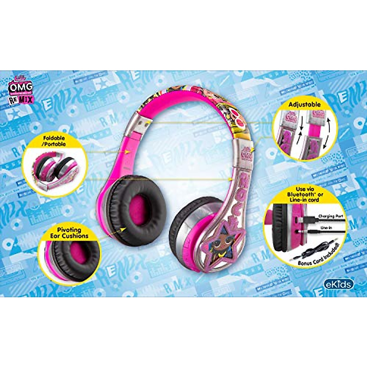 eKids LOL Surprise Kids Bluetooth Headphones, Wireless Headphones with Microphone Includes Aux Cord, Volume Reduced Kids Foldable Headphones for School, Home, or Travel