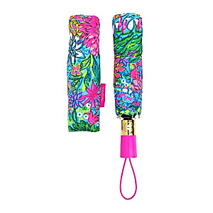 Lilly Pulitzer Travel Umbrella Compact, Cute Umbrella with Automatic Open and Storage Sleeve, Folding Umbrella for Rain or Sun Protection (Walking on Sunshine), One Size