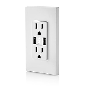 Leviton T5632-BW R02-T5632-0Bw 2-Port Combination Duplex Receptacle with USB Charger, 125 Vac, 15 A, 2 Pole, 3 Wire, White