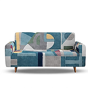 HOSIMA Geometric Irregularity Sofa Covers for 4 Cushion Couch,Blue and Grey X-Large Couch Slipcover,Printed Stretch Washable X-Large Slipcover Furniture Protector for Living Room,X-Large(93-118 inch)
