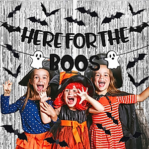 Here for The Boos Party Decorations Halloween Banner Bat Wall Decor Silver Foil Curtains Backdrop Haunted House Horror Theme for Boy Girl Kids Halloween Festival Holiday Black Glitter Party Supplies