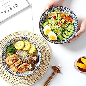 YALONG 8 Inch 40 Ounce Ceramic Bowls for Kitchen Deep Soup Pho Bowls, Blue White Large Porcelain Salad Bowls Set for Ramen Pasta Cereal Dessert Stackable Deep Noodle Serving Bowls Set of 4 for Gift