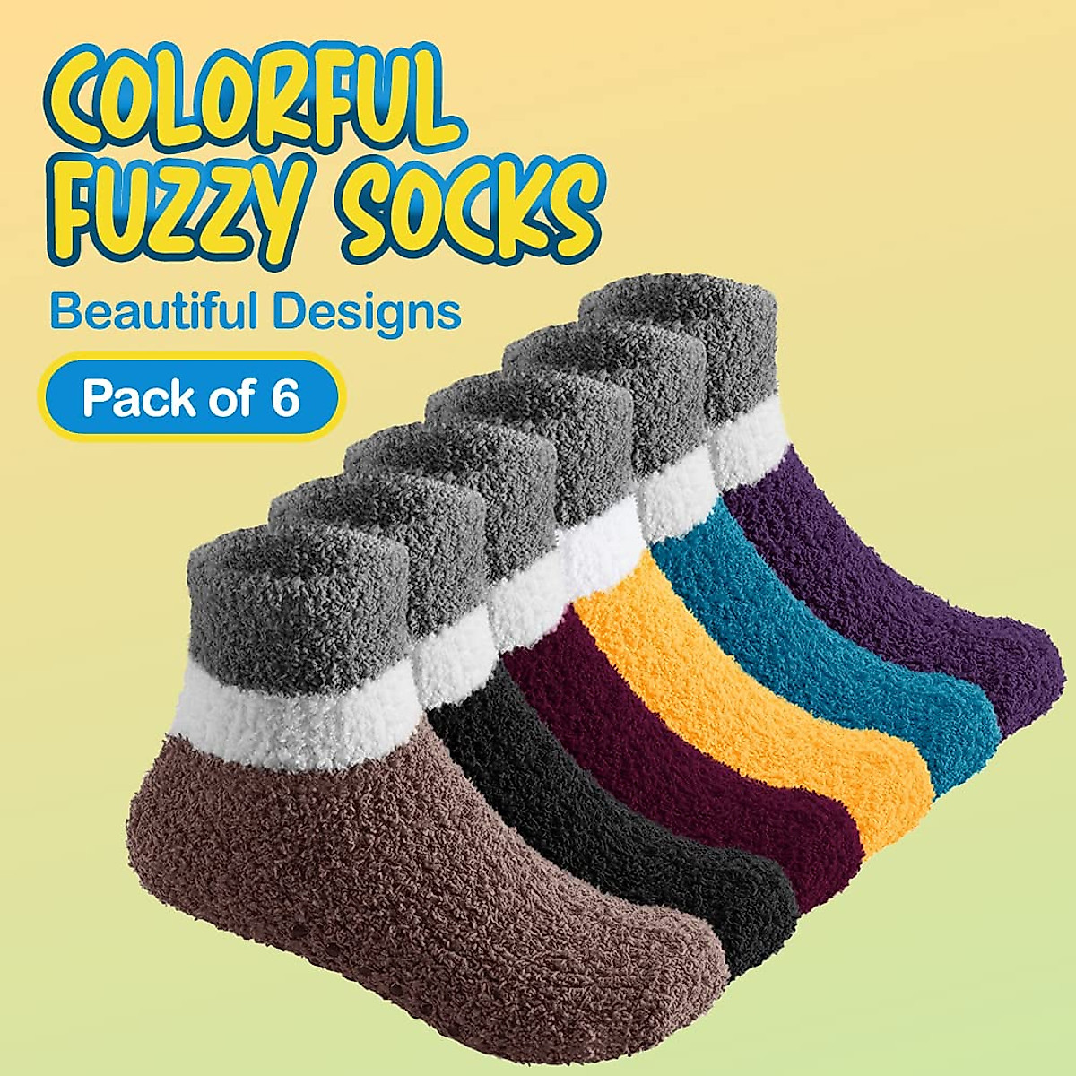 Debra Weitzner 6 Pairs Warm Fuzzy Socks for Kids with Grippers - Non Skid Slipper Socks for Toddlers - Dark Two Tone 6-10 Yr