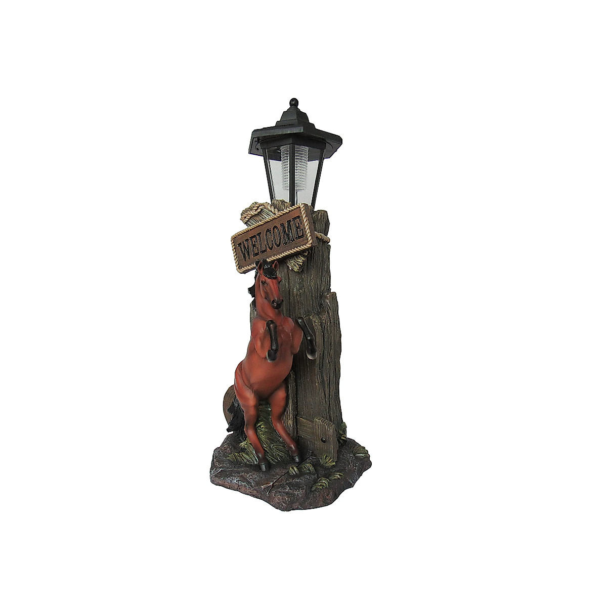 DWK - Stallion's Greeting - Western Welcome Rearing Horse with Rope Figurine Solar Lantern Sun Powered LED Garden Decor Patio Light Landscape Accent, 18-inch