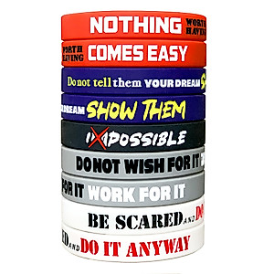 RUANJAI -Upgraded- 12-Pack Motivational Wristbands for Men, Women & Teens, 12x8” Silicone Rubber Bracelets with Inspirational Quotes, Unisex Adult Wristbands, 5 Unique Designs, 12 Pack