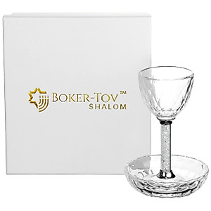BOKER-TOV SHALOM Crystal Kiddush Cup Set - Premium Kiddush Wine Cup and Saucer for Shabbat, Havdalah, Passover - Judaica Shabbos and Holiday Gift (Clear Gemstones)