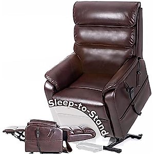 FirstClass™ Sleep-to-Stand Lift Chair 2.0, Sleeper Chair for Sleeping, Relaxation, Lay-Flat Recliner, 2 Motor for Independent Back and Foot Adjust, Recliner Massage Chair with Heat Included, Brown